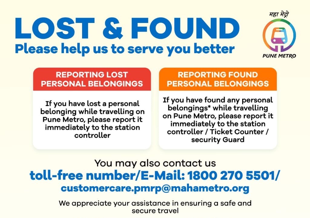 Pune Metro Urges Immediate Reporting Of Lost And Found Items On It’s ...