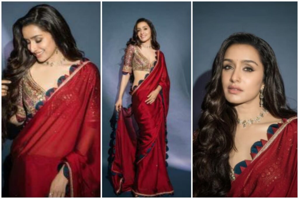Shraddha Kapoor Wows In Maroon Ajrakh Saree And Elegant Hair For Stree 5594