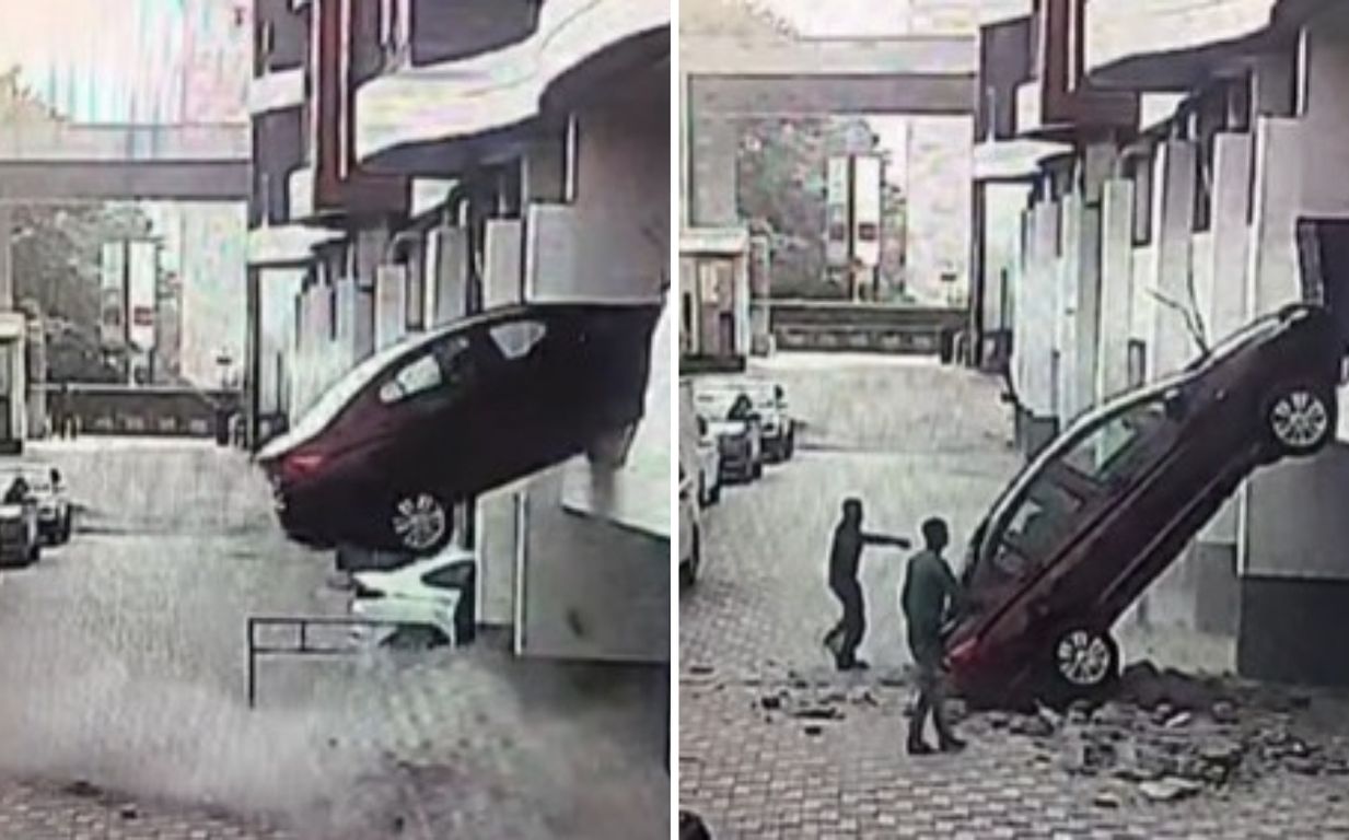 Pune: CCTV Captures Shocking Incident as Car Falls from First Floor in ...