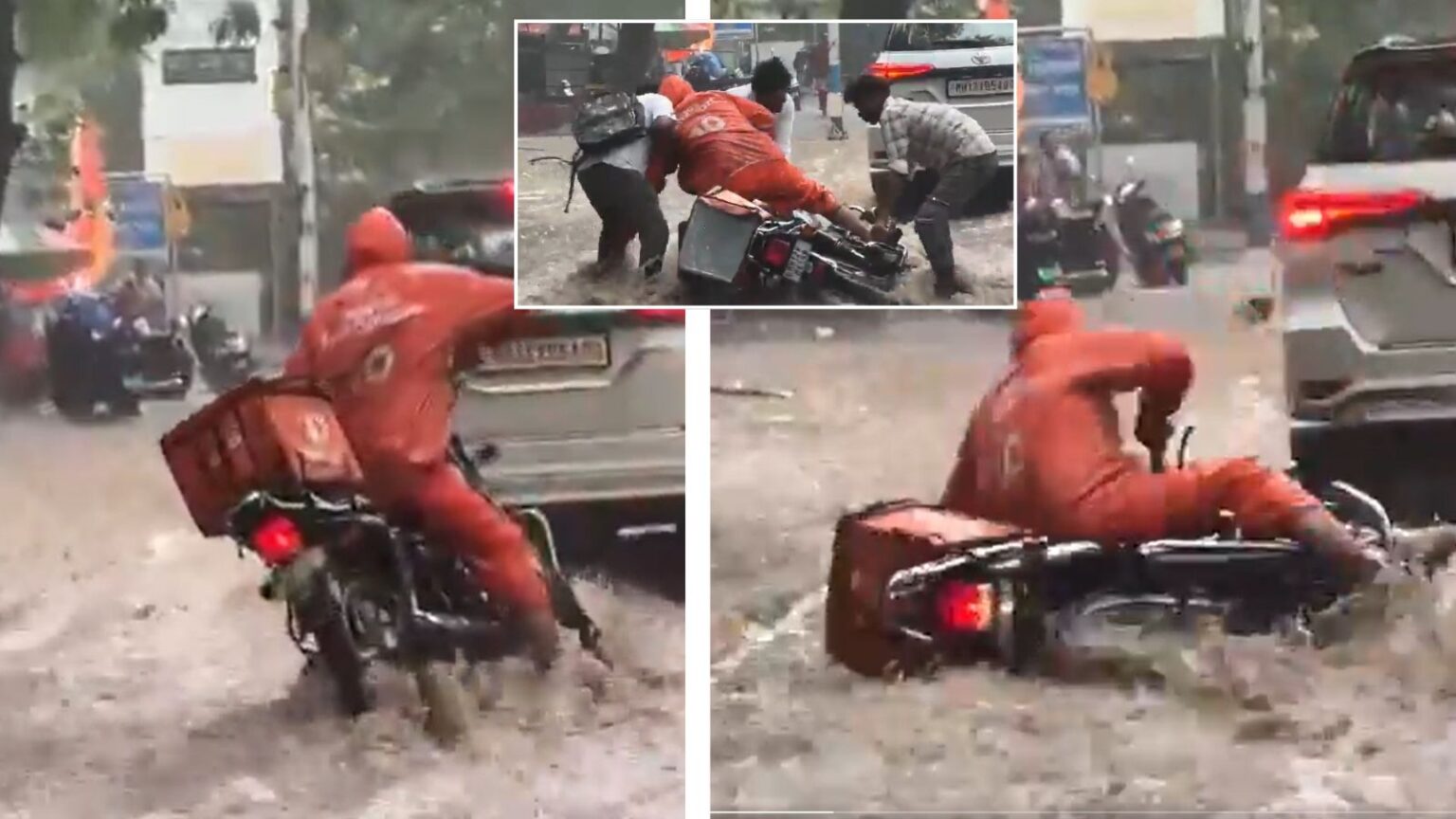 Heavy rain in Pune doesn’t stop the rider, but the delivery bag gets ...