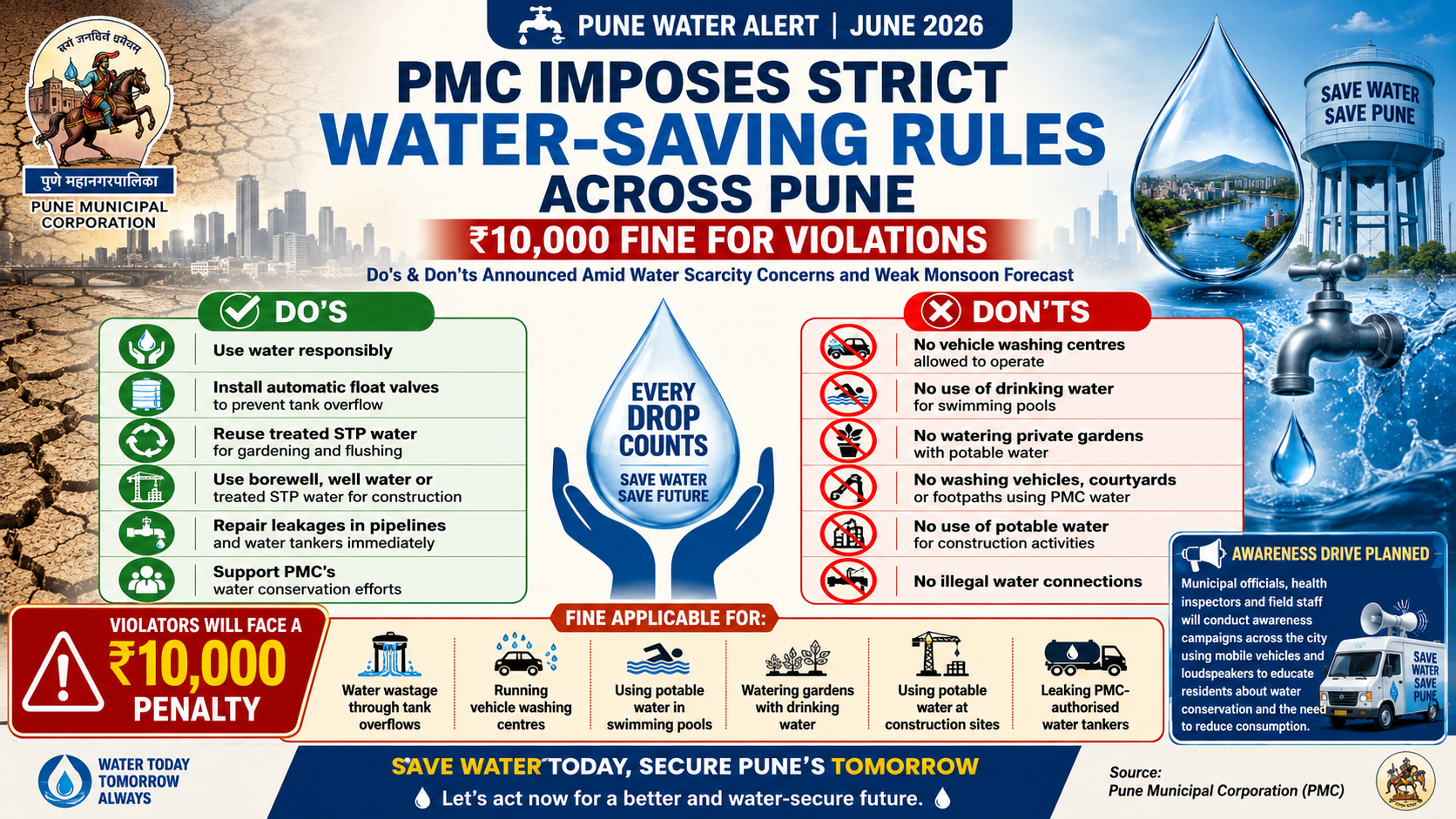 Pune: PMC Imposes Strict Water-Saving Rules; Defines Do’s And Don’ts ...